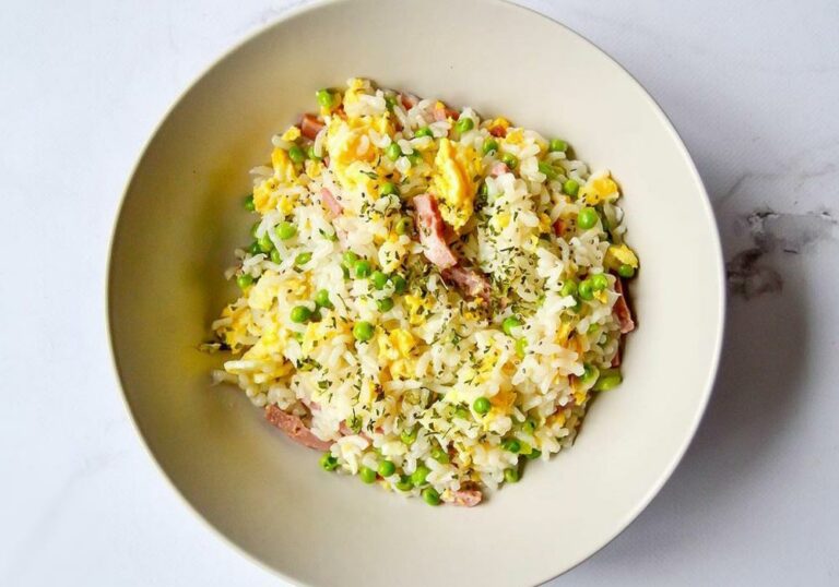 Recette : Riz cantonais de konjac au petits pois, œuf et bacon - Lorminy